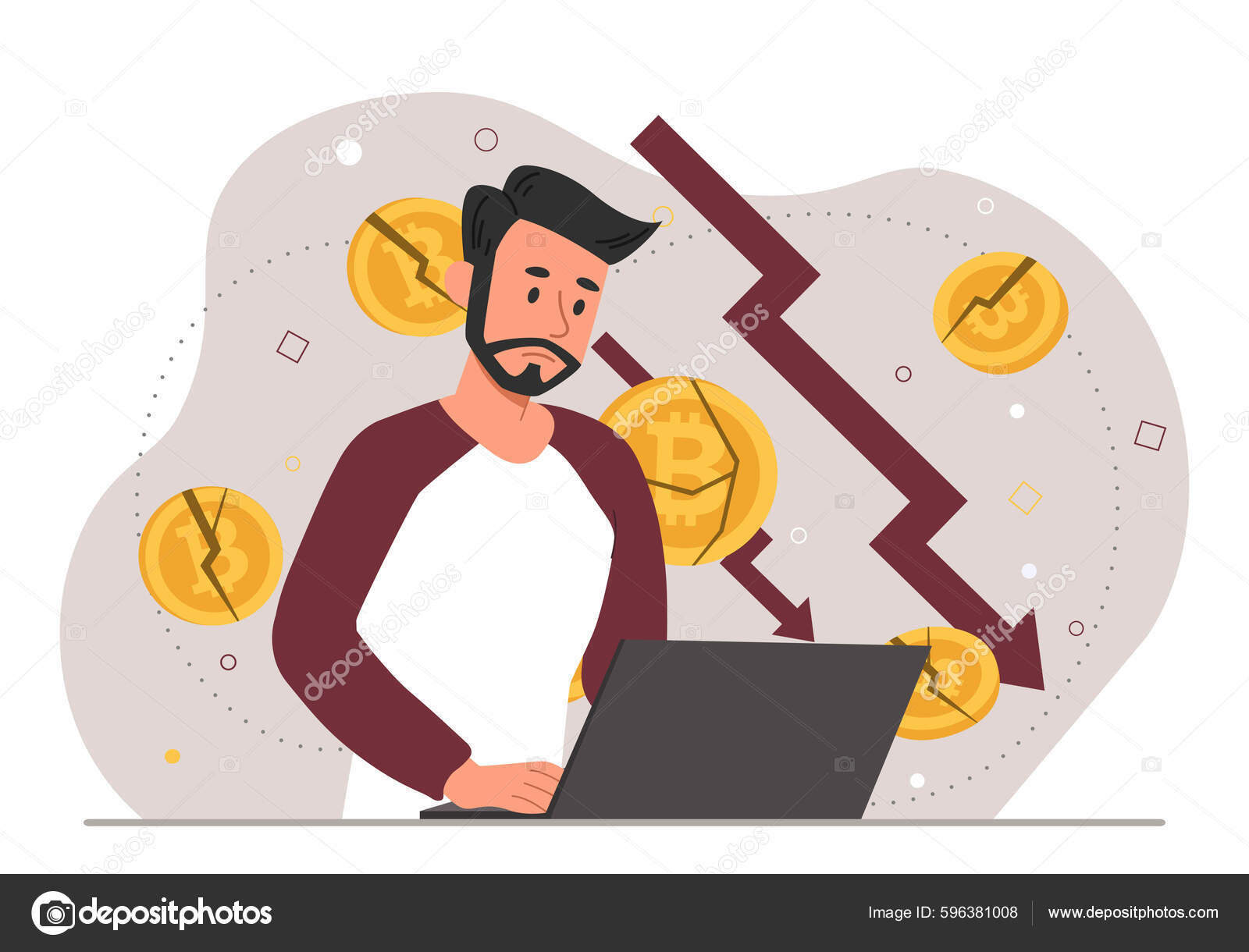 Cryptocurrency Crash Concept Sad Man Using Laptop Looks Falling Chart Stock Vector by ...