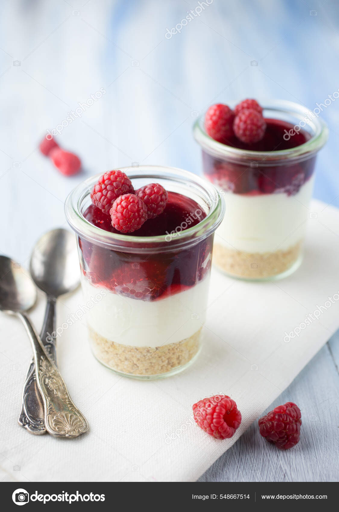 Raspberry Cream Cheese Dessert Cookie Bottom Served Glass Blue ...