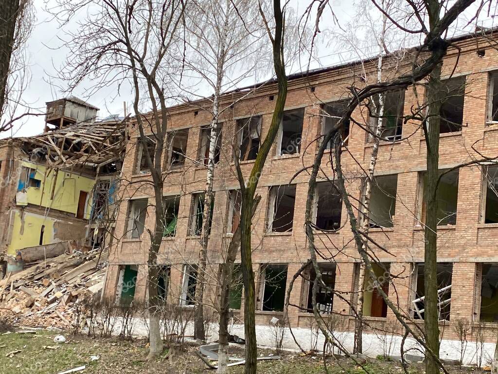 La destrucción causada por el bombardeo del ejército ruso en la ciudad de Vasilkov, región de ...