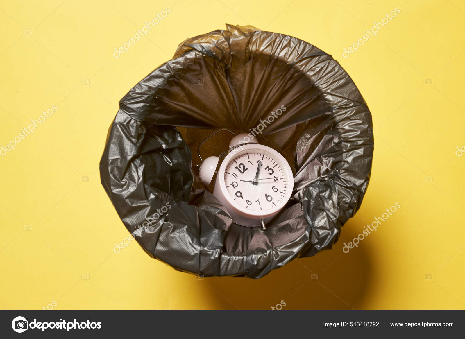 Top View Clock Trash Bin Wasted Time Concept Yellow Background Stock ...