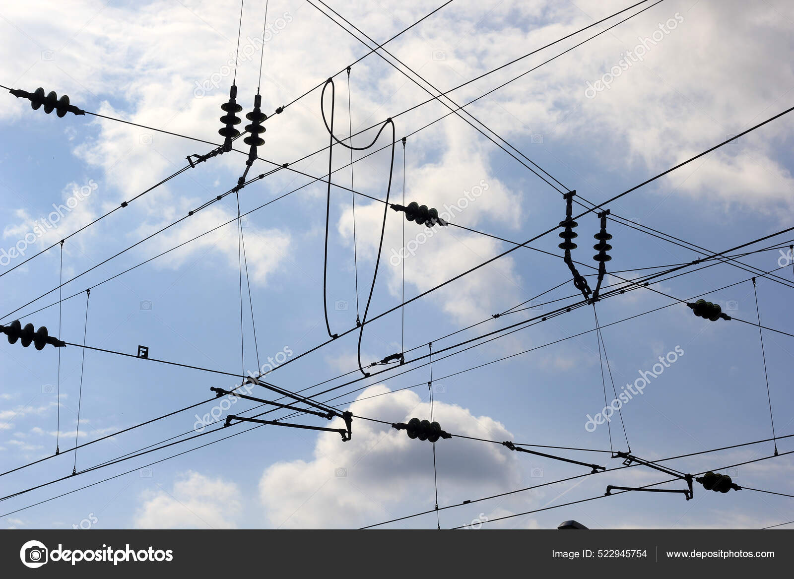 Low Angle Shot Overhead Lines Blue Cloudy Sky Sunny Day — Stock Photo ...
