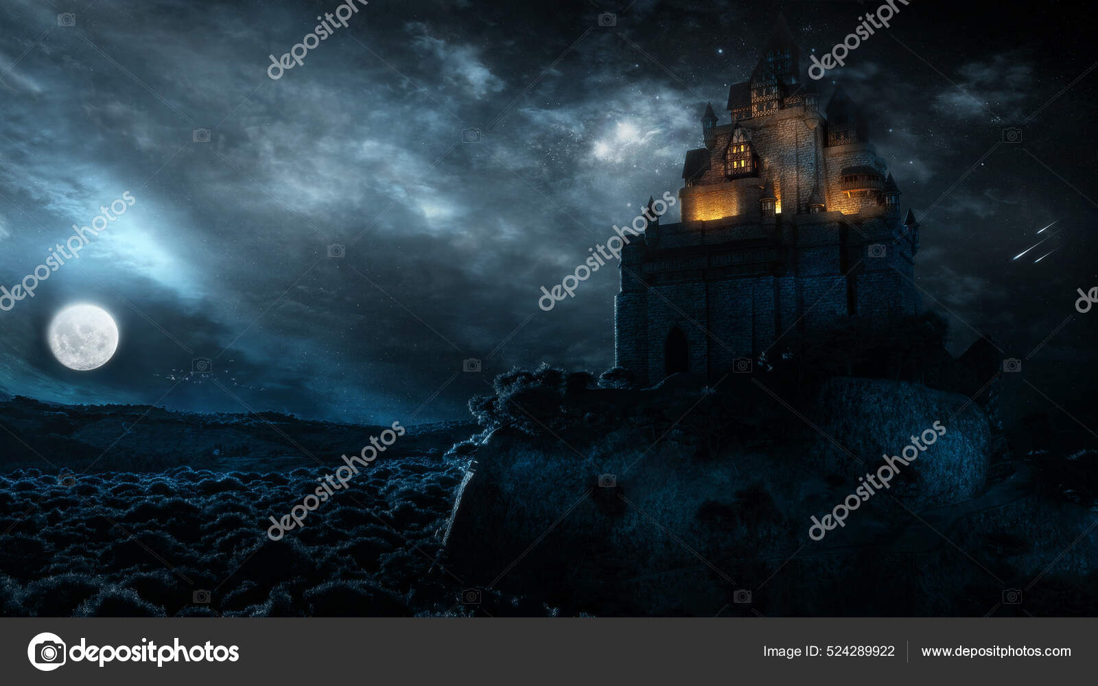 Render Magnificent Fantasy Castle Hill Night Moon Starry Stock Photo by ...