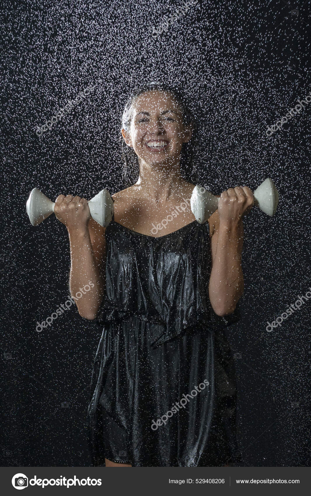 Woman Wet Hair Wearing Black Dress Holding Dumbbells Enjoying Water ...