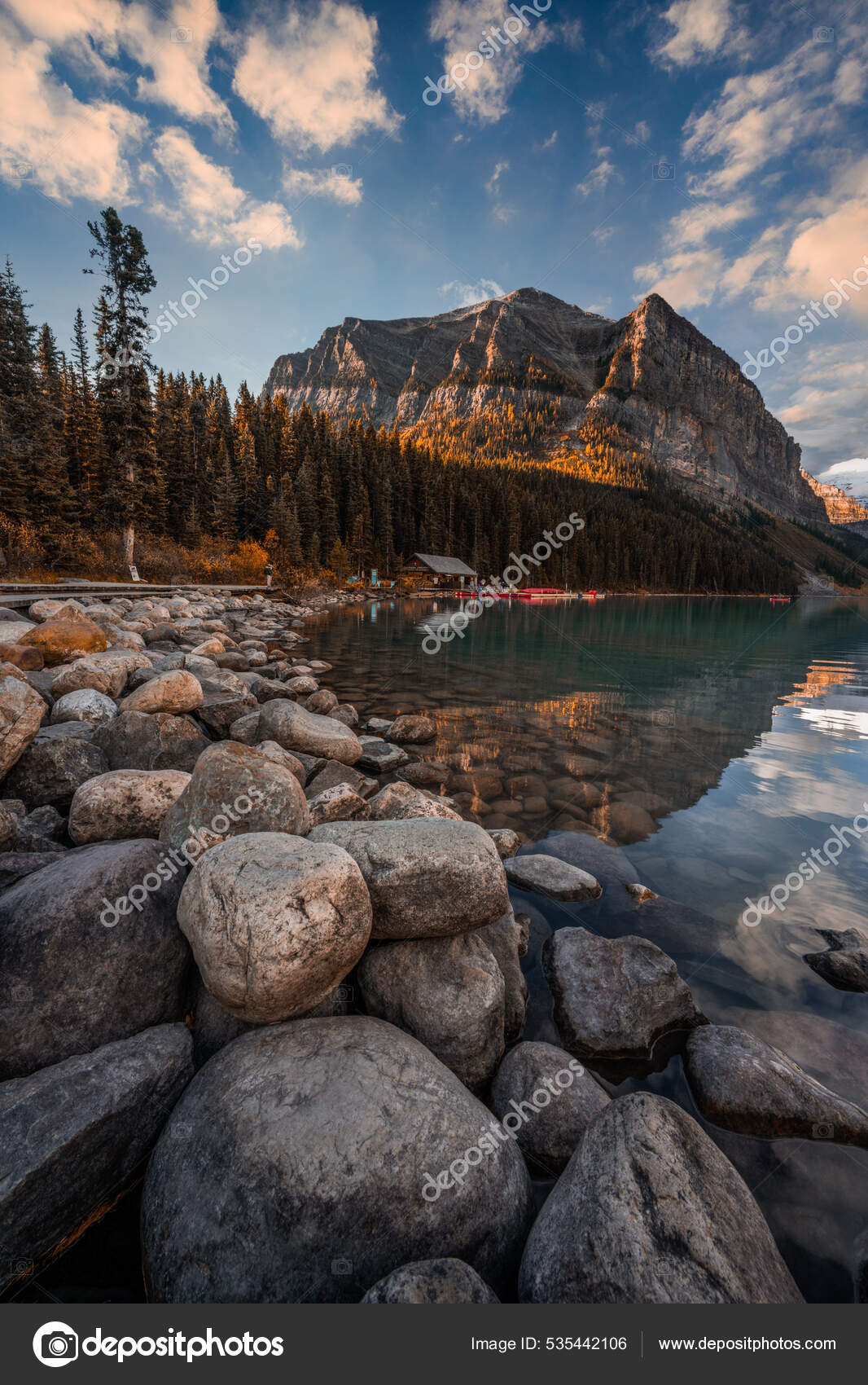 Vertical Shot Louise Lake Surrounded Rocks Morning Banff National Park ...