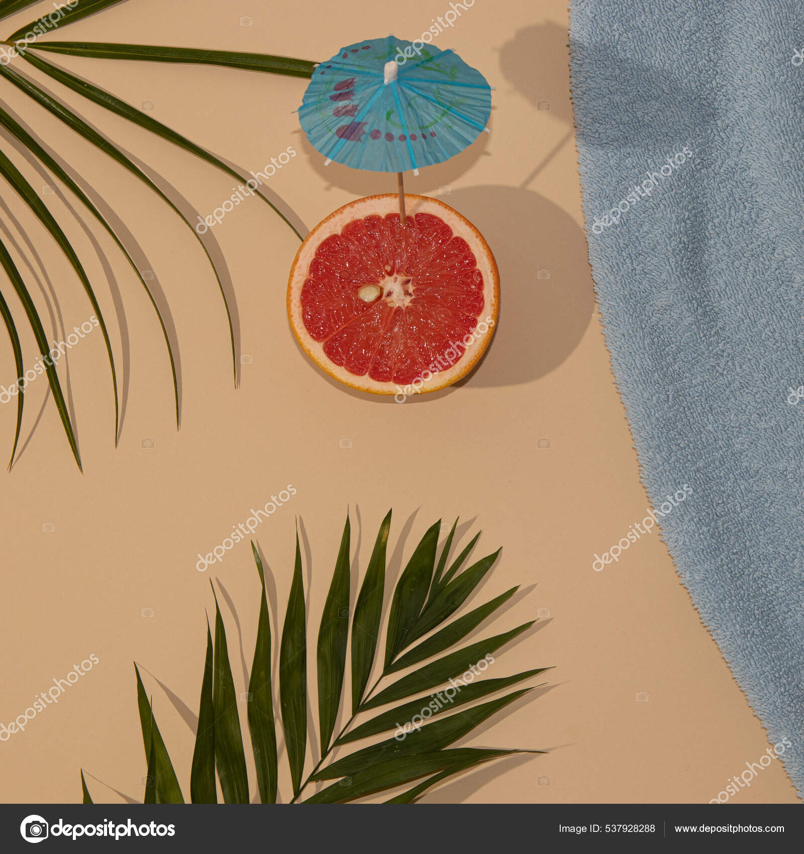 Summer Scene Blue Beach Towel Palm Leaves Grape Parasol Aesthetic ...