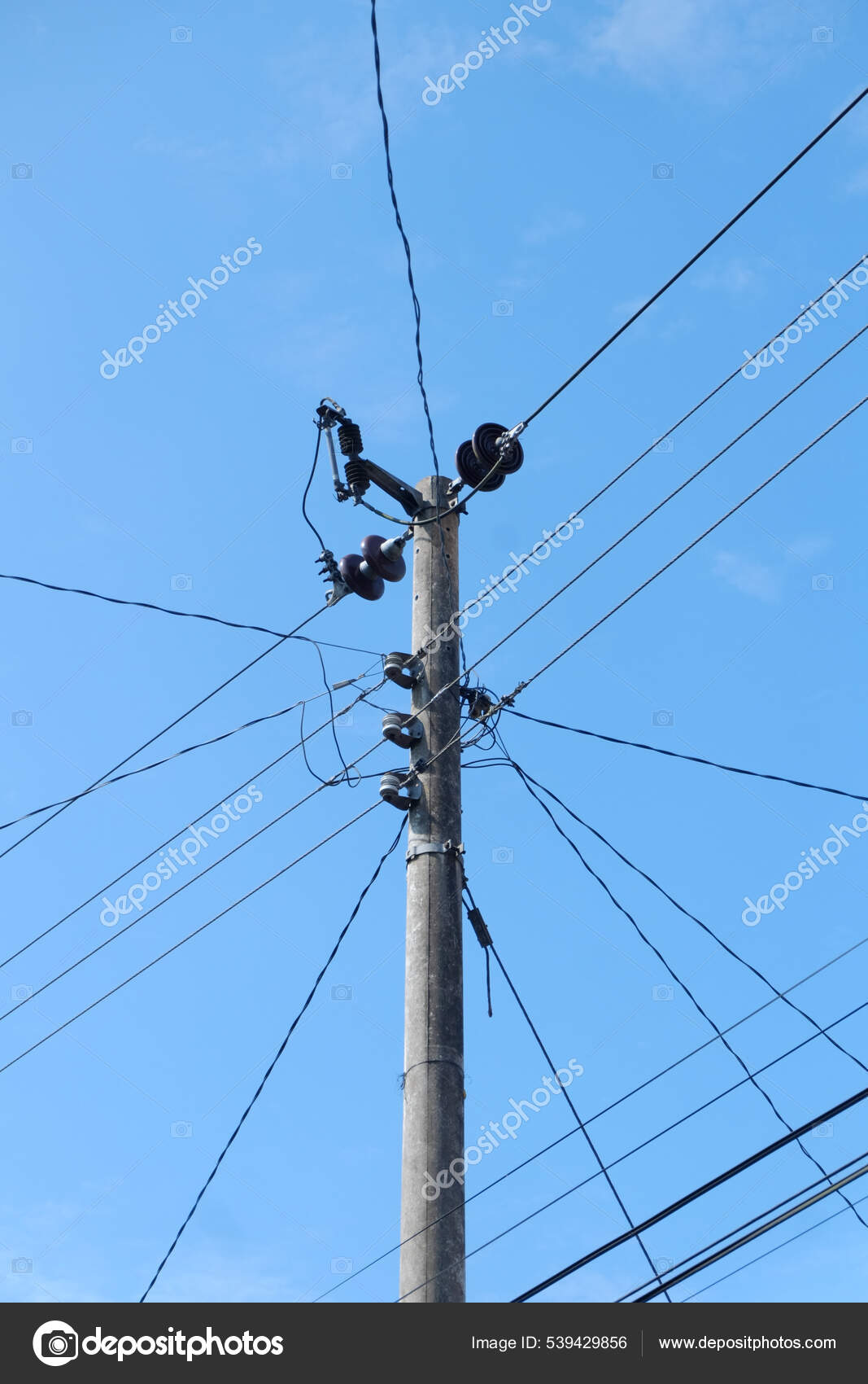Inclined Shot Electrical Power Pole Many Wires Cables Connecting Stock ...