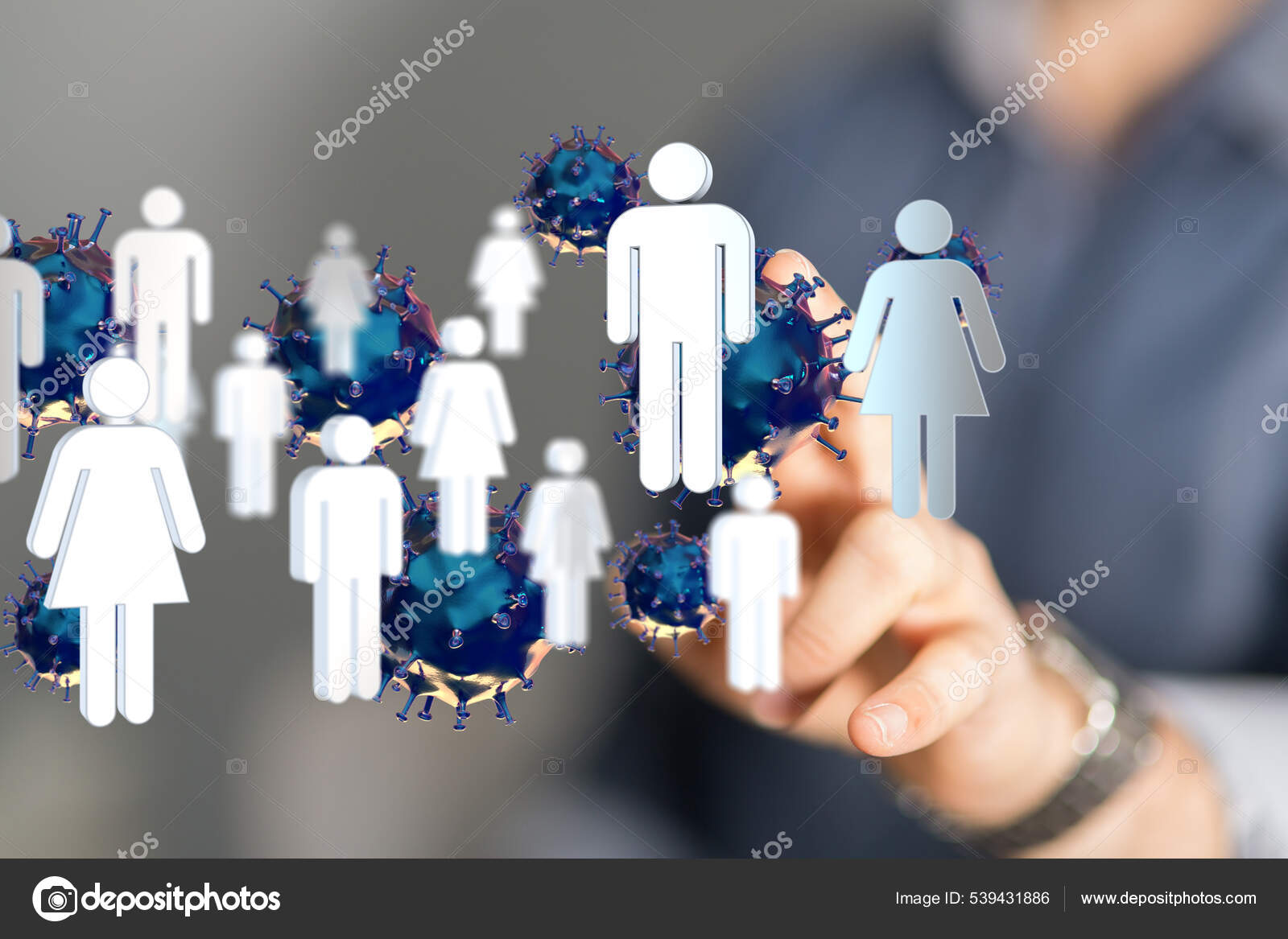 Person's Hand Touching Rendered Microbes People Silhouettes — Stock ...