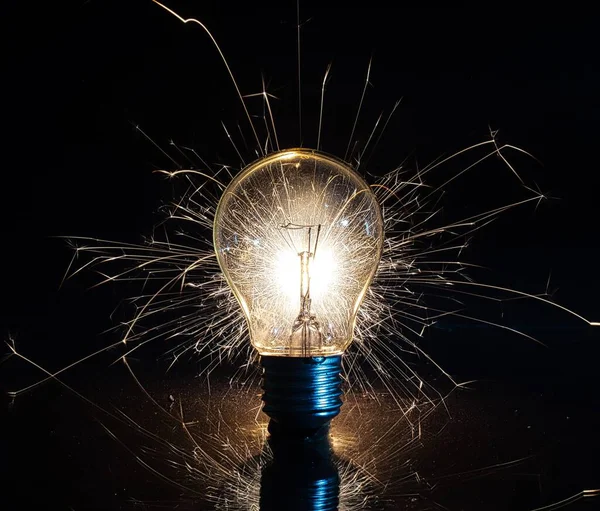 Selective Focus Closeup Lighted Bulb Black Background — Stock Photo ...