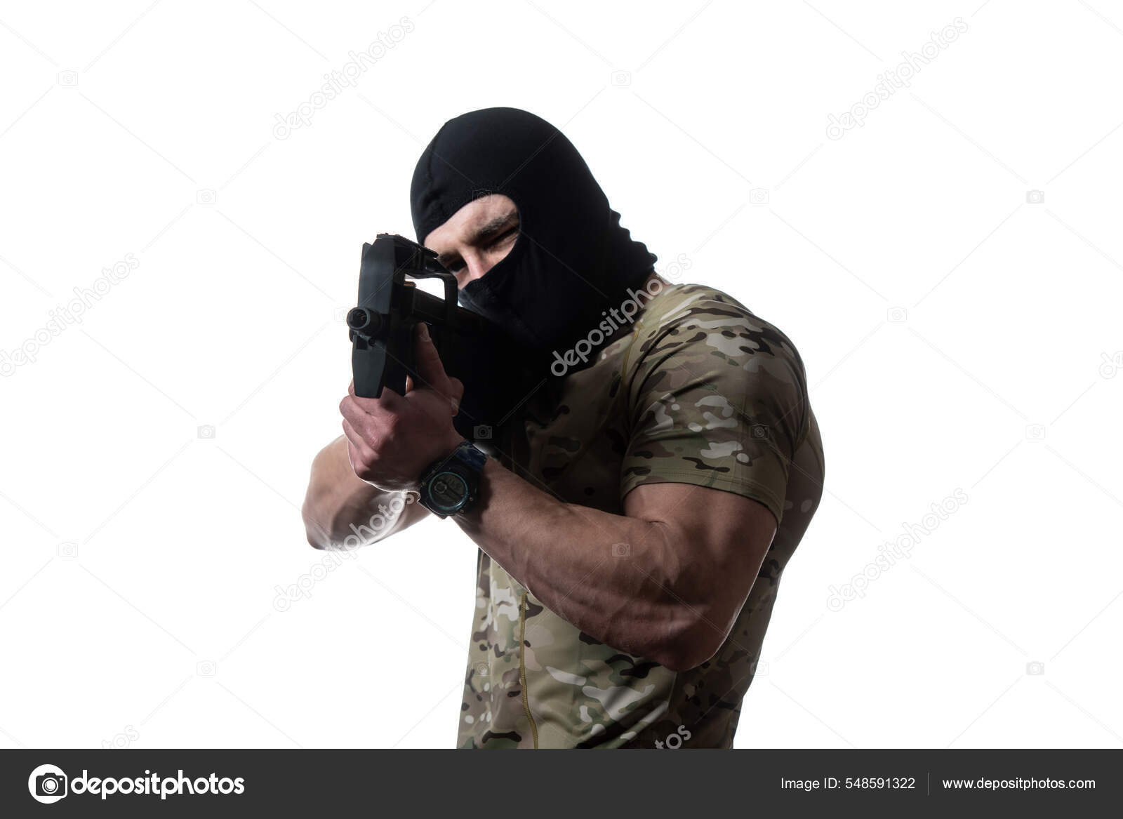 Special Forces Soldier Weapon White Studio Background Man Gun White ...