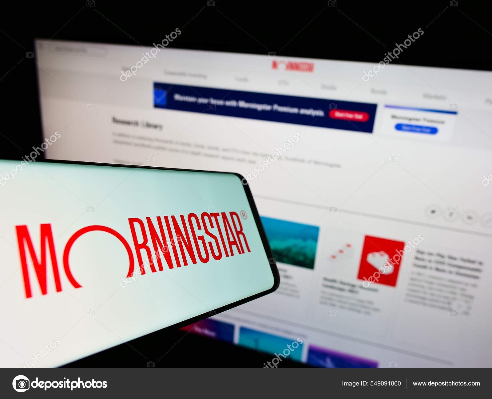 Hand Holding Smartphone Front Screen Symbol Morningstar — Stock ...