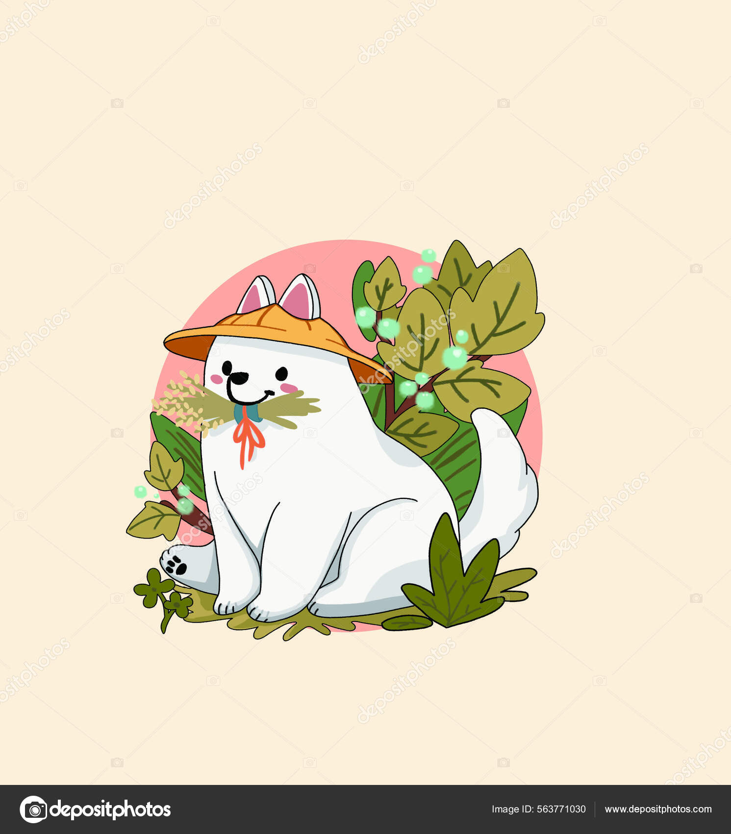 Cute Cartoon Cat Leaves Flowers Vector Illustration Stock Illustration ...