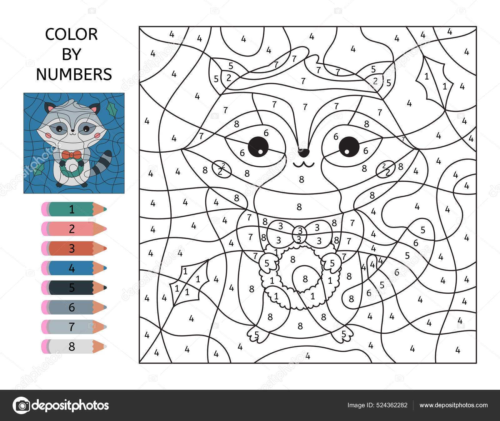 Number coloring page with cute cartoon raccoon and Christmas wreath ...