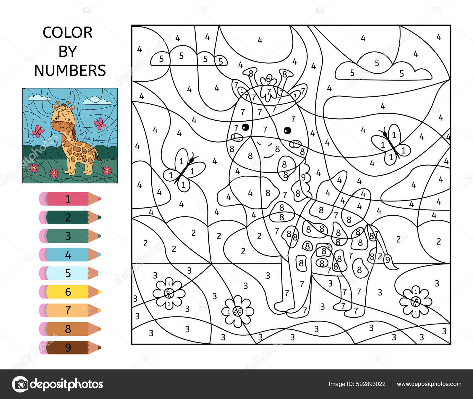 Color Numbers Educational Game Preschool Kids Cute Cartoon Giraffe ...