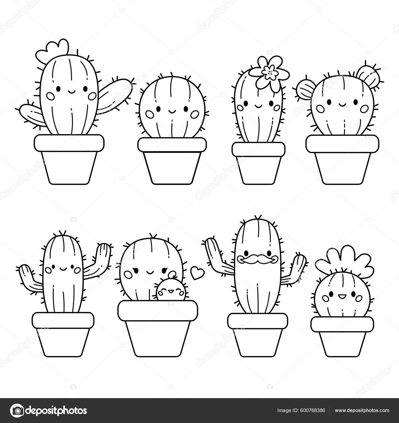 Cute Kawaii Set Cactus Flowerpots Coloring Page Hand Drawn Doodle ...