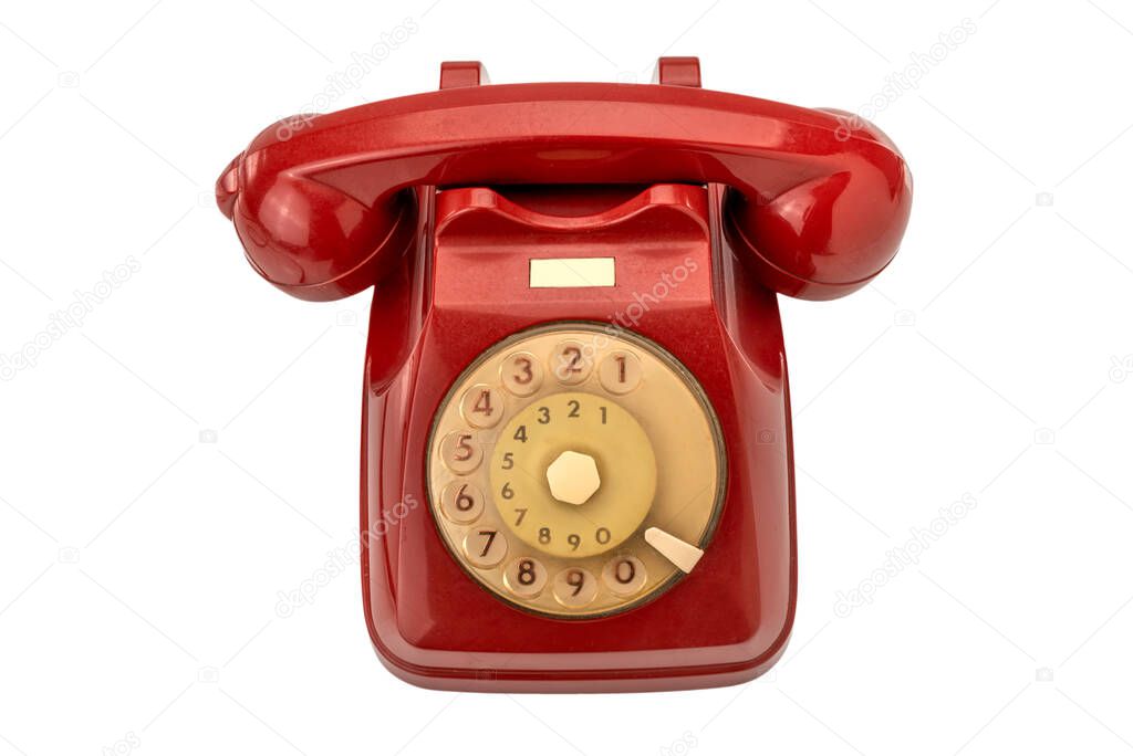 Teléfono de marcación giratoria rojo antiguo aislado sobre fondo blanco ...
