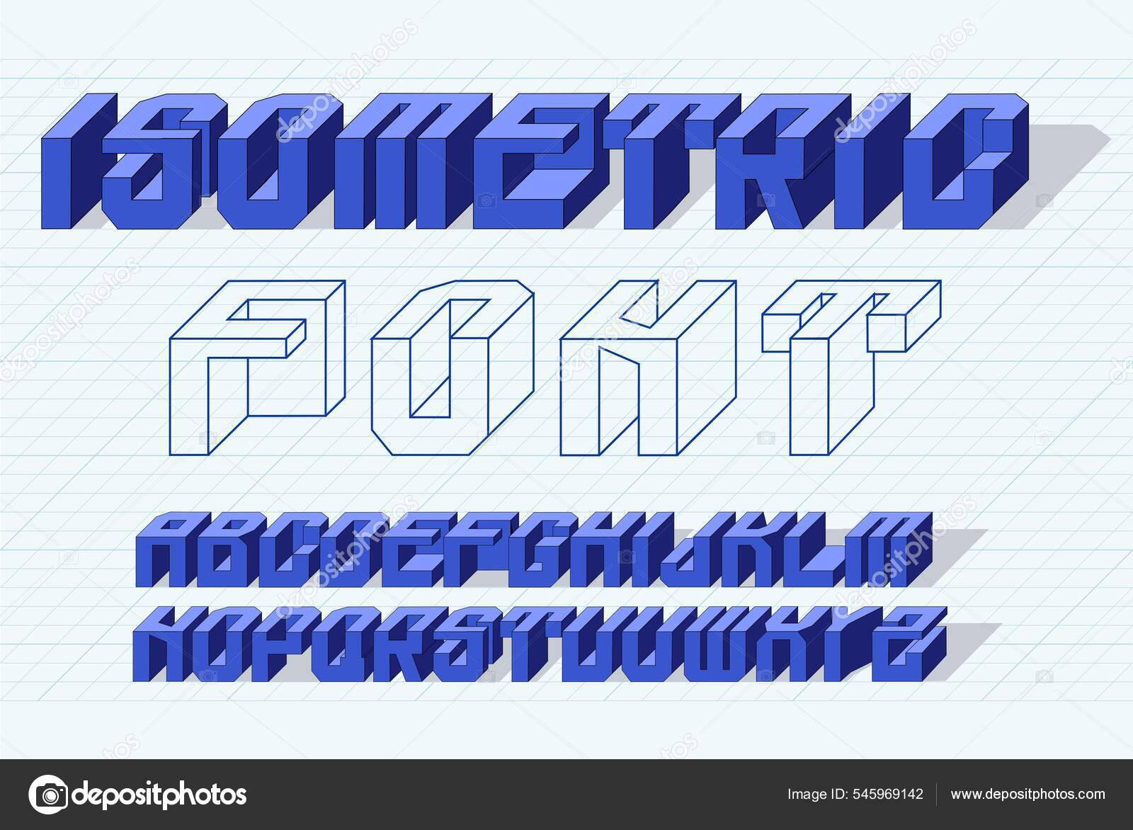 Minimalist Font. Isometric 3D font, three-dimensional letters of the alphabet on graph paper ...