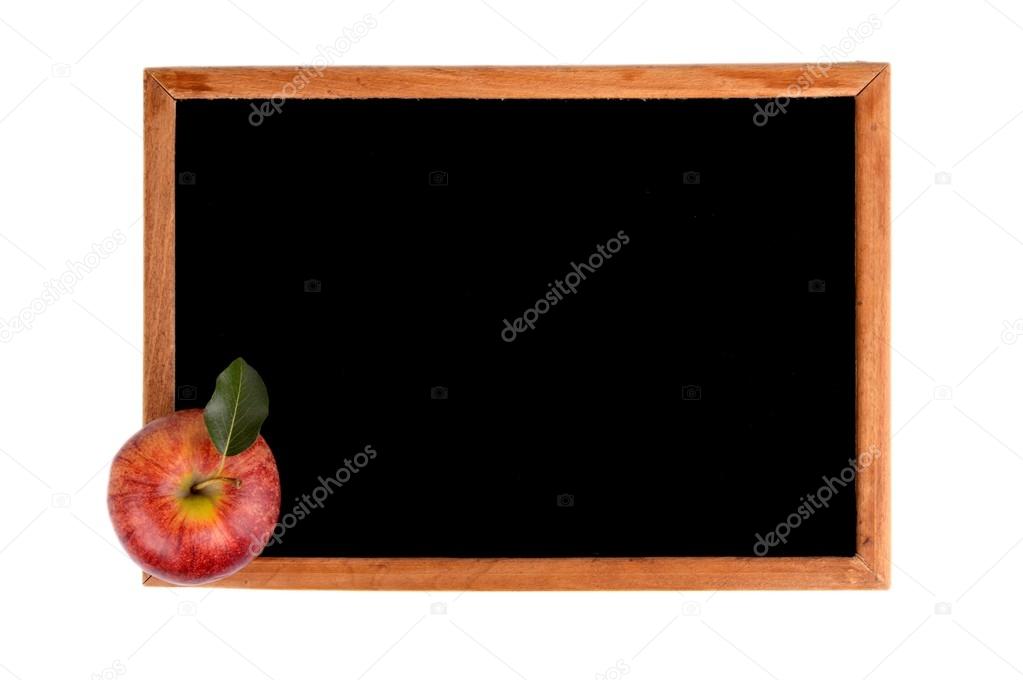 Red apple with blank black blackboard with text space — Stock Photo ...