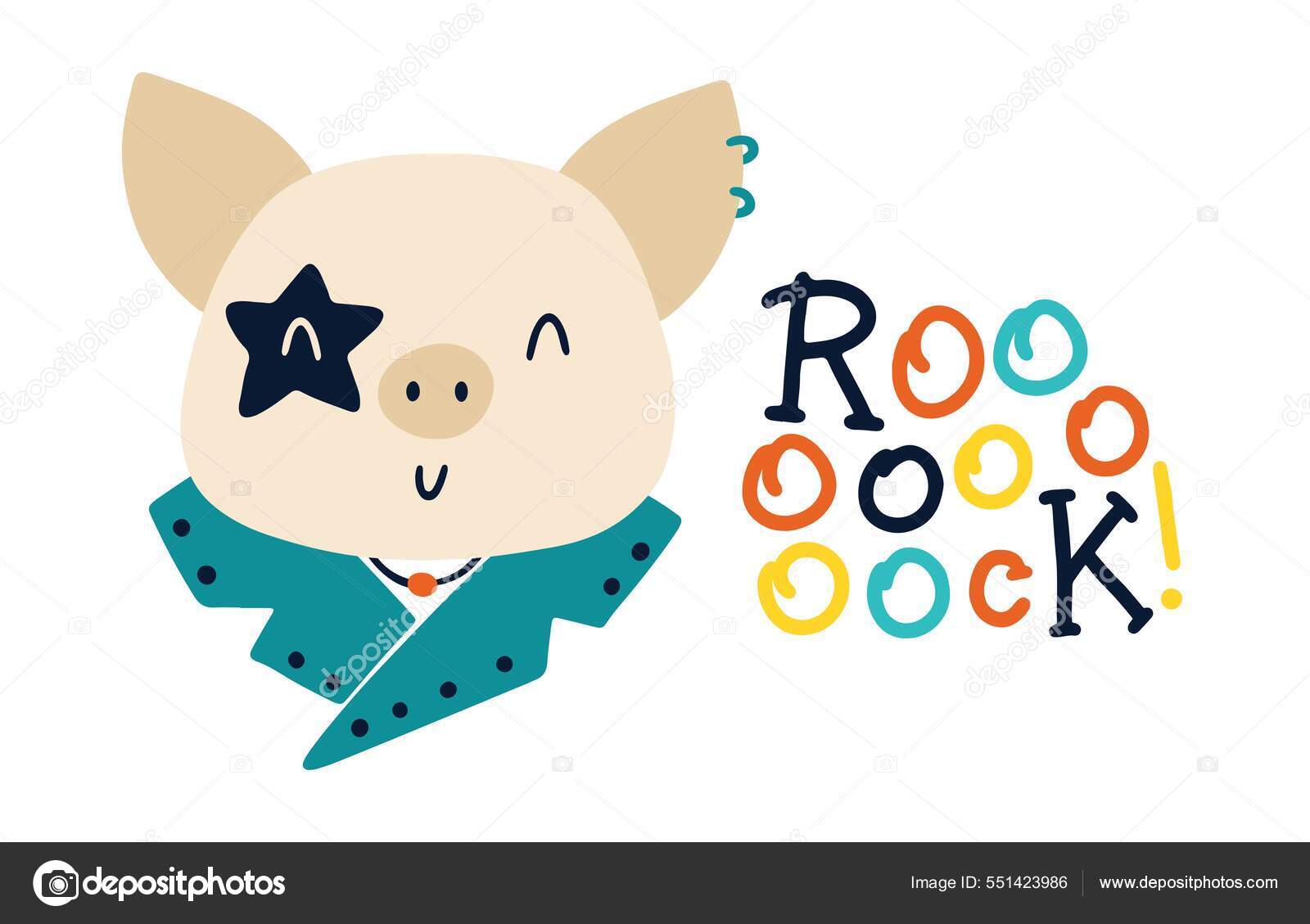 Pig Rock Card Vector Cartoon Character Illustration White Background ...