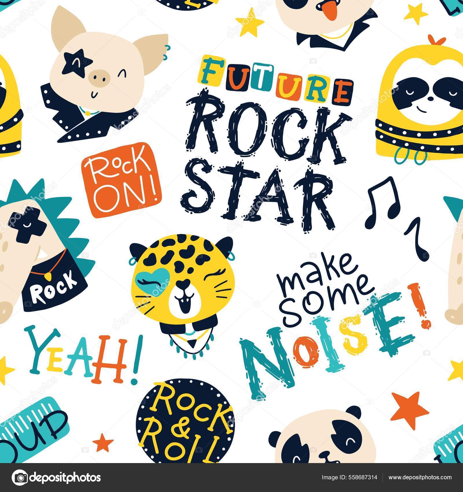 Cute animal rock star seamless pattern with graffiti lettering. Hand ...