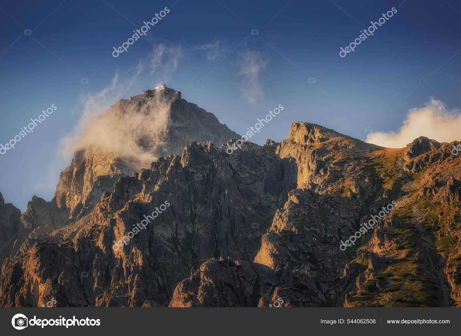 Lomnicky stit peak with observatory at sunset with clouds — Stock Photo ...