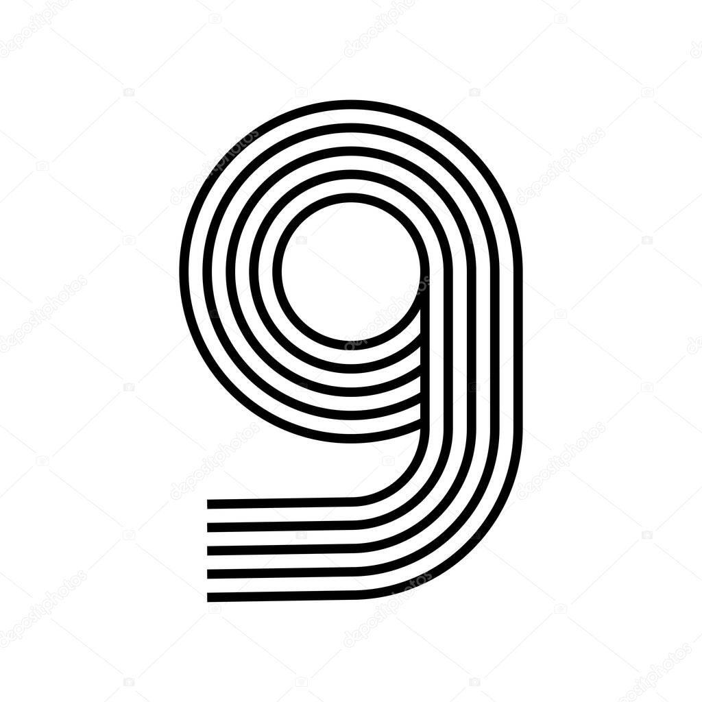 Linear modern logo of the numeral 9. Number in form of line stripe. Alphabet number character ...