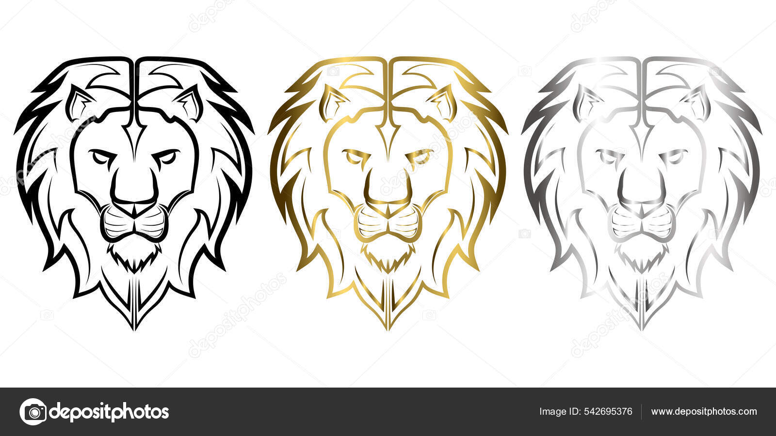 Three Color Black Gold Silver Line Art Front Lion Head Stock Vector by ...