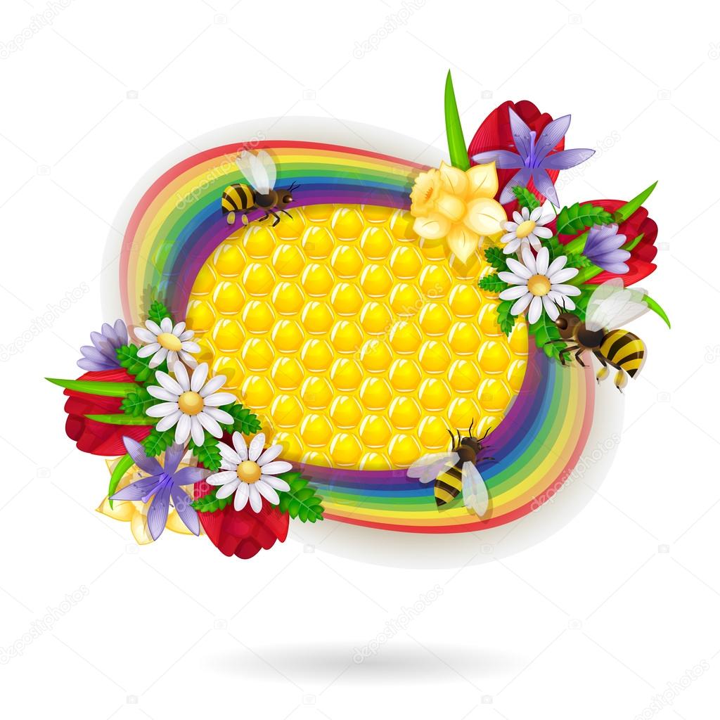 Flores de primavera y abeja sobre panales y fondo de arco iris Vector ...