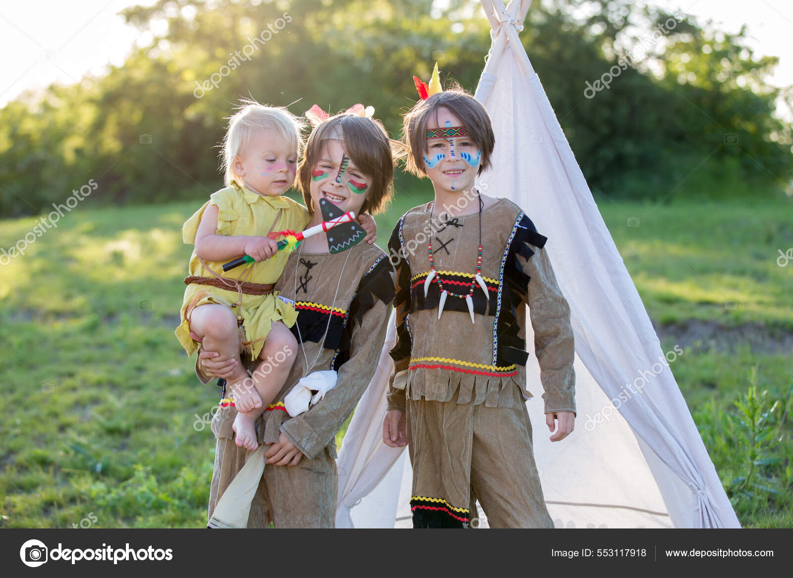 Cute Portrait Native American Boys Costumes Playing Outdoor Park ...