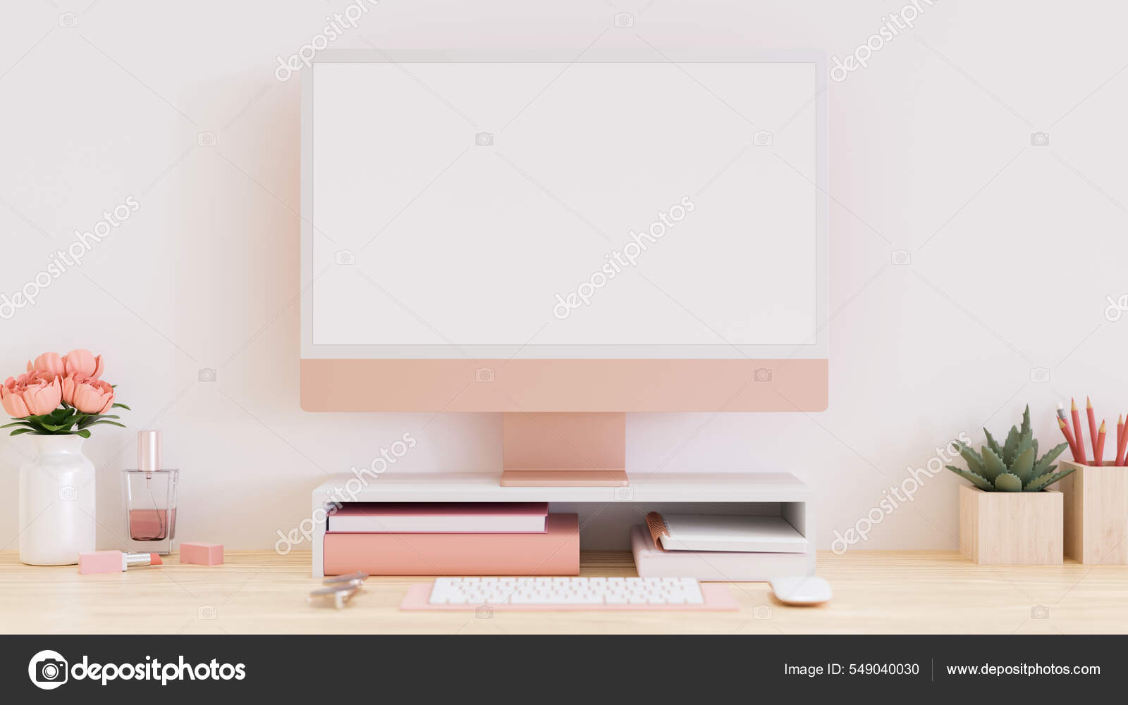 Stylish Pink Office Workspace Design Pastel Pink Computer White Screen ...