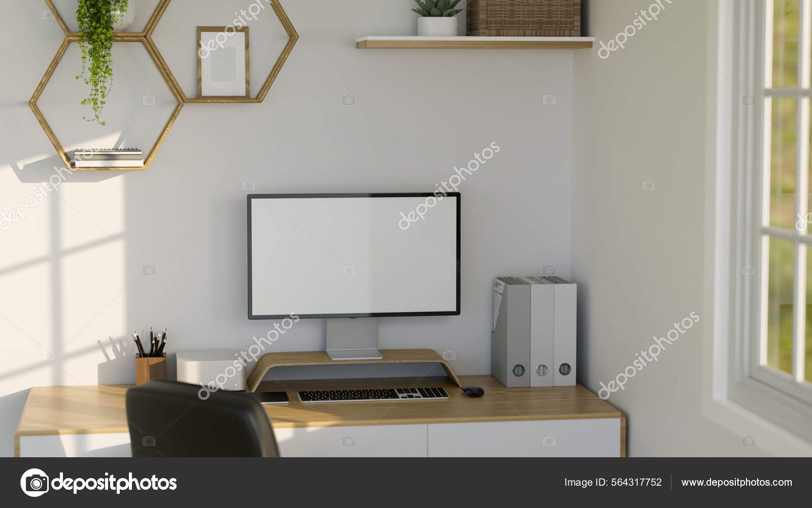 Modern Home Workstation Computer Blank Screen Mockup Document Flowers ...