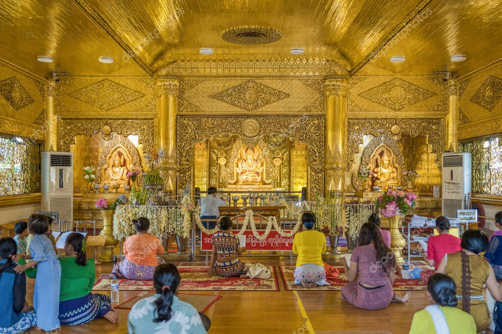 Kyaukse, Mandalay, Myanmar, July 2022 - Myanmar people worship and pray in temple of golden ...