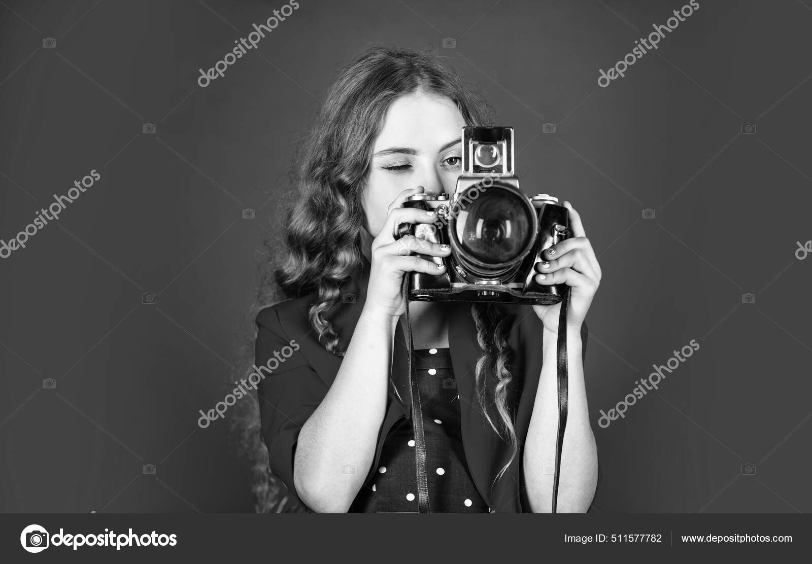 Girl with retro camera. Capture moments. SLR camera. Courses for ...