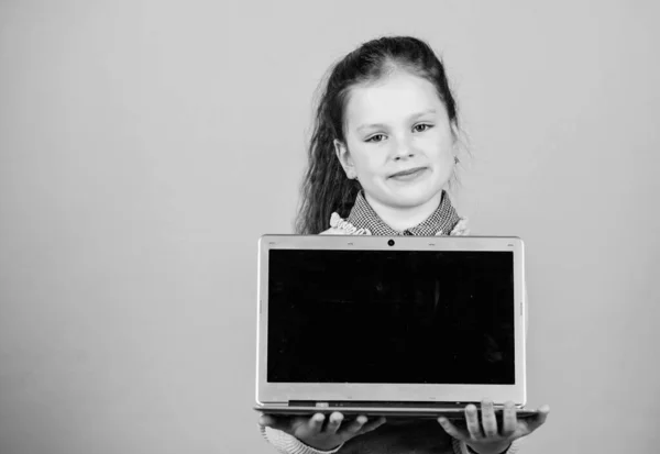 Study programming. Girl with laptop computer. Little child using pc ...
