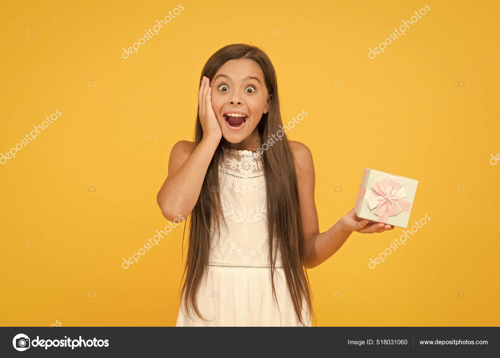 Surprise present. Child hold gift box. Kid delighted gift. Unexpected ...