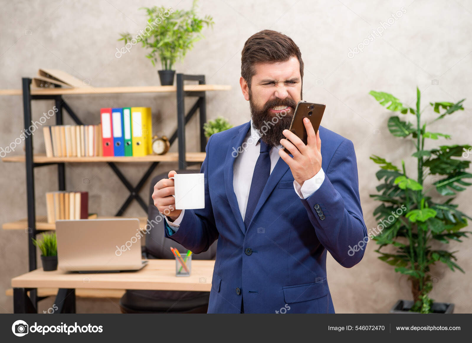 Stress at work. Angry man yelling at cellphone. Mobile communication ...