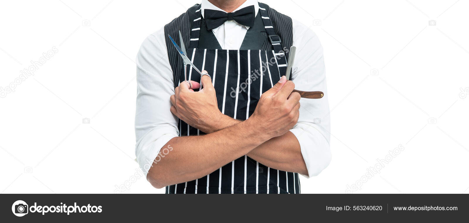 Cropped man hold retro blade and scissors barbershop tools isolated on ...