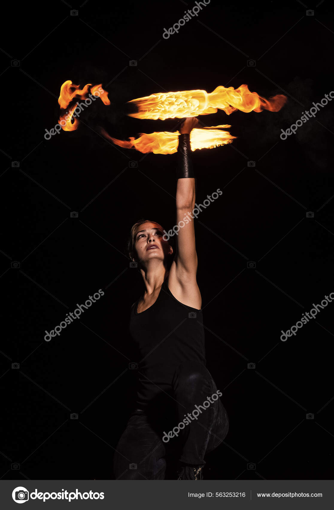 Sexy Girl Spinner Spin Burning Poi Creating Fire Orbital In Dark Night