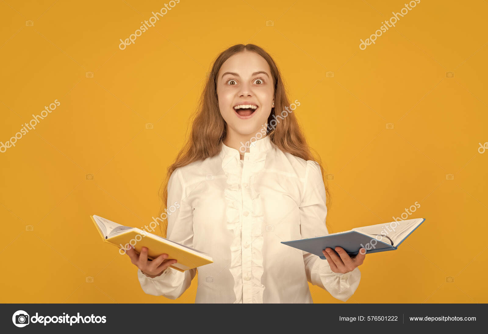 Surprised Teen Girl White Shirt Ready Study Homework Book Yellow Stock ...