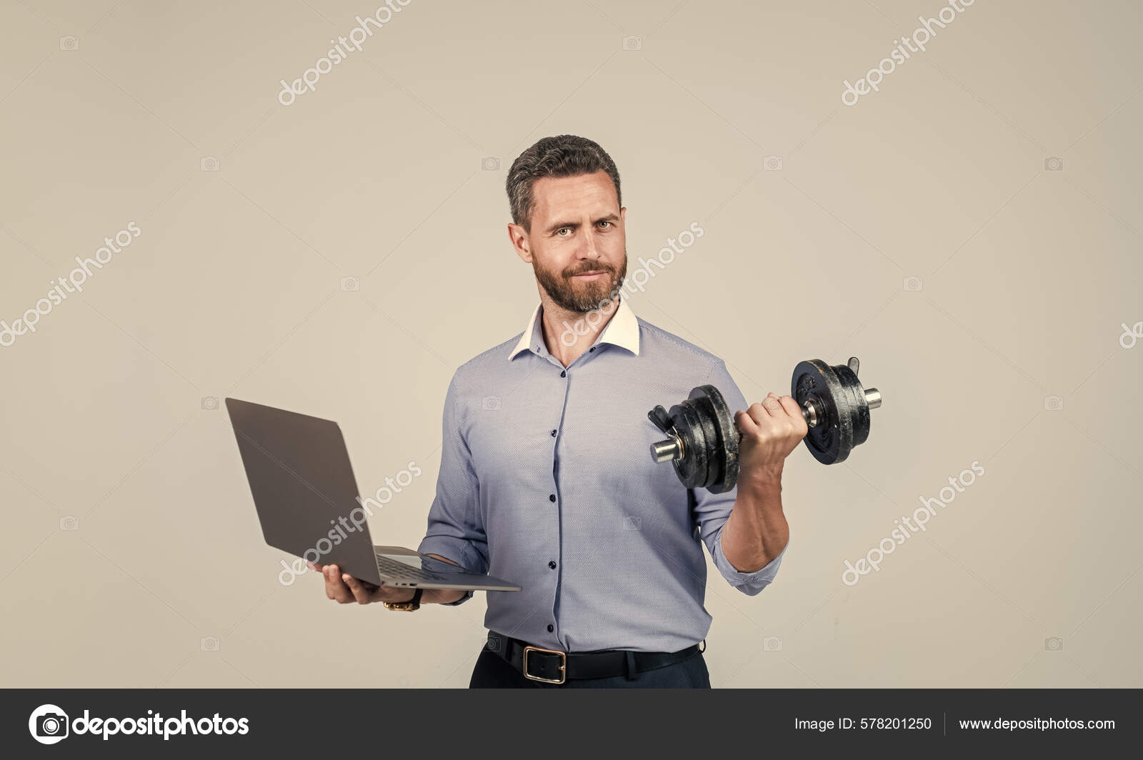 Multitasking Skills Professional Man Lift Dumbbell Using Laptop ...