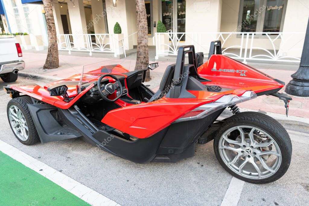 Miami Beach, Florida USA - April 15, 2021: red polaris slingshot sl ...