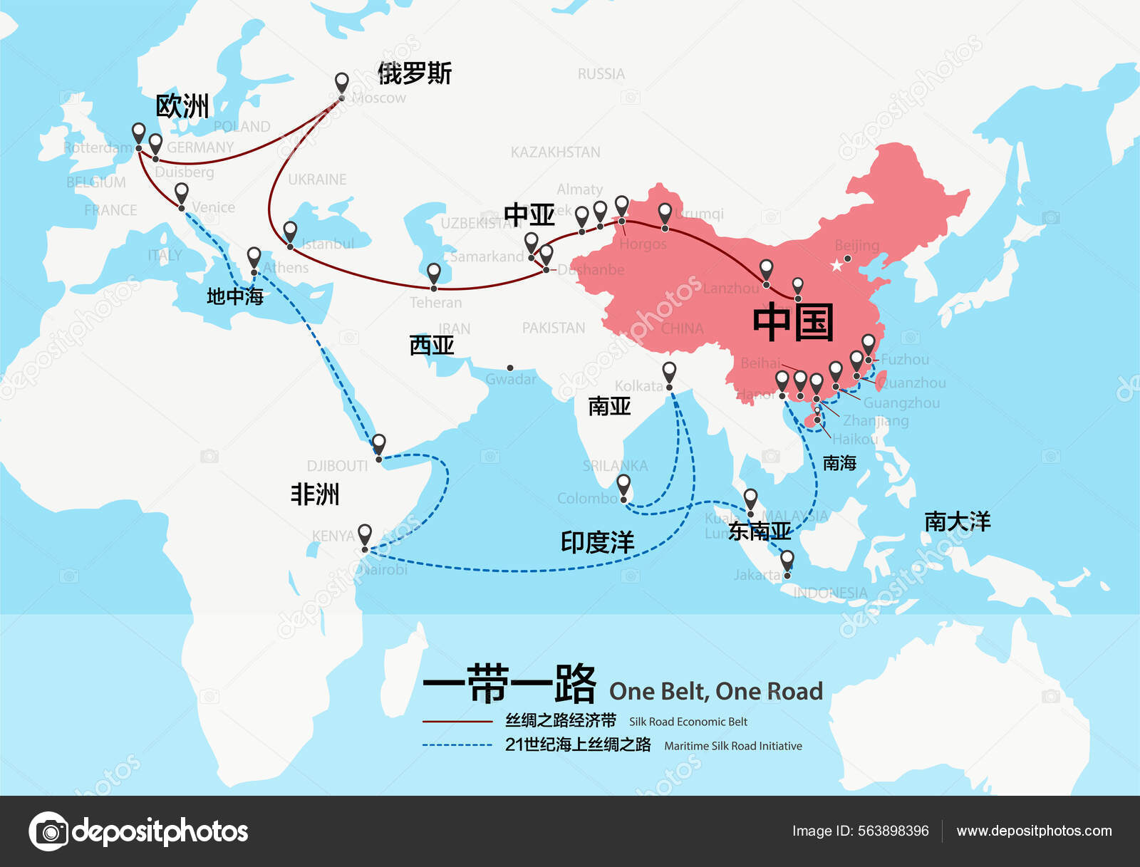 One Belt One Road Chinese Strategic Investment 21St Century Map Stock ...