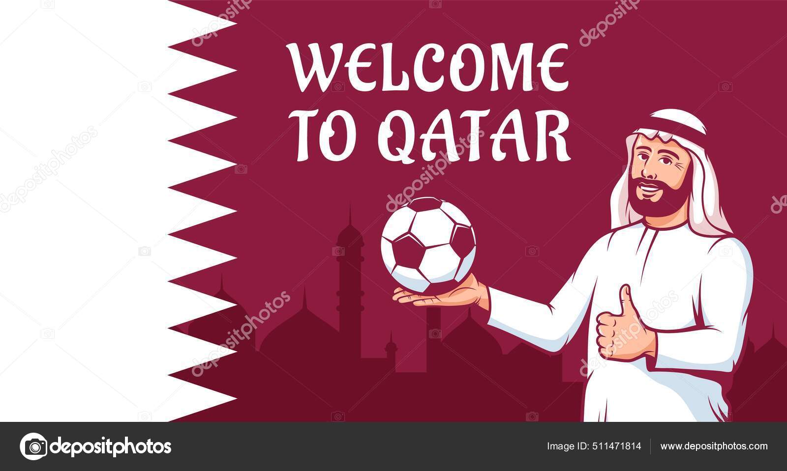 Middle eastern football. Arab man with soccer ball on Qatar flag ...