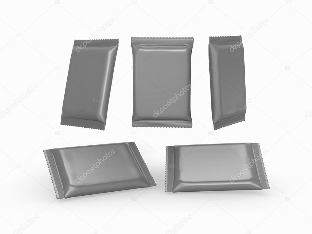 Gray foil plain flow wrap packet with clipping path Stock Photo by ...