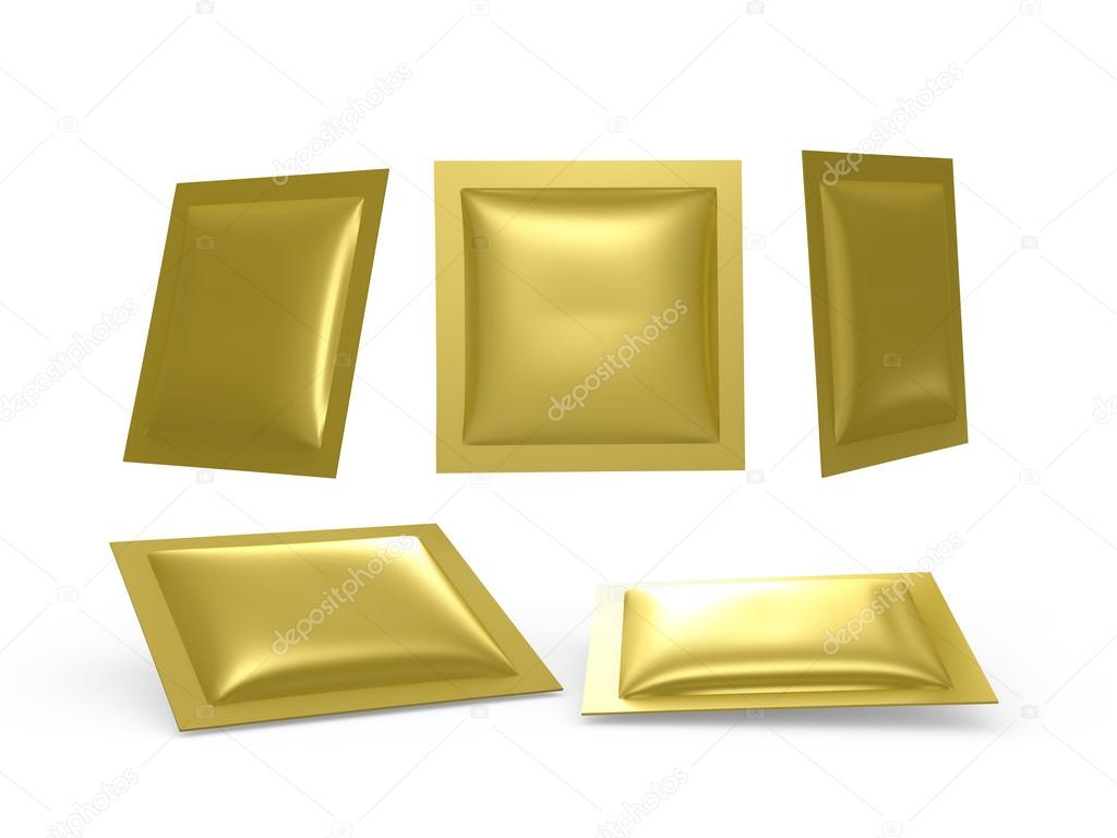 Square Gold foil heat sealed packet with clipping path — Stock Photo ...
