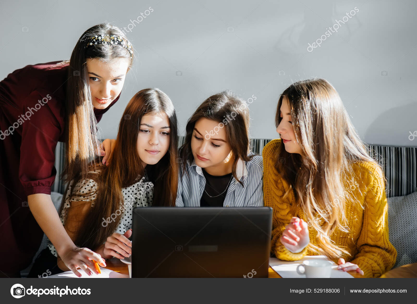 Group Young Girls Sit Office Work Computers Communication Training ...