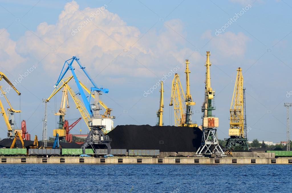 Cargo terminal of Riga, Larvia. Wide view with cranes loading co ...