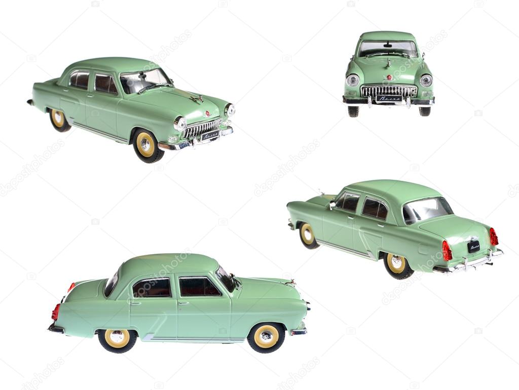 Collage of scale model of soviet Gaz-21 Volga retro car isolated Stock ...
