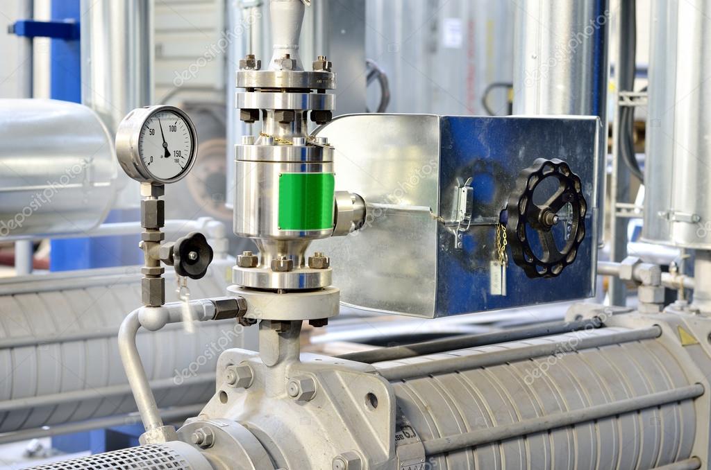 New shiny pipes and a barometer in industrial boiler room — Stock Photo ...