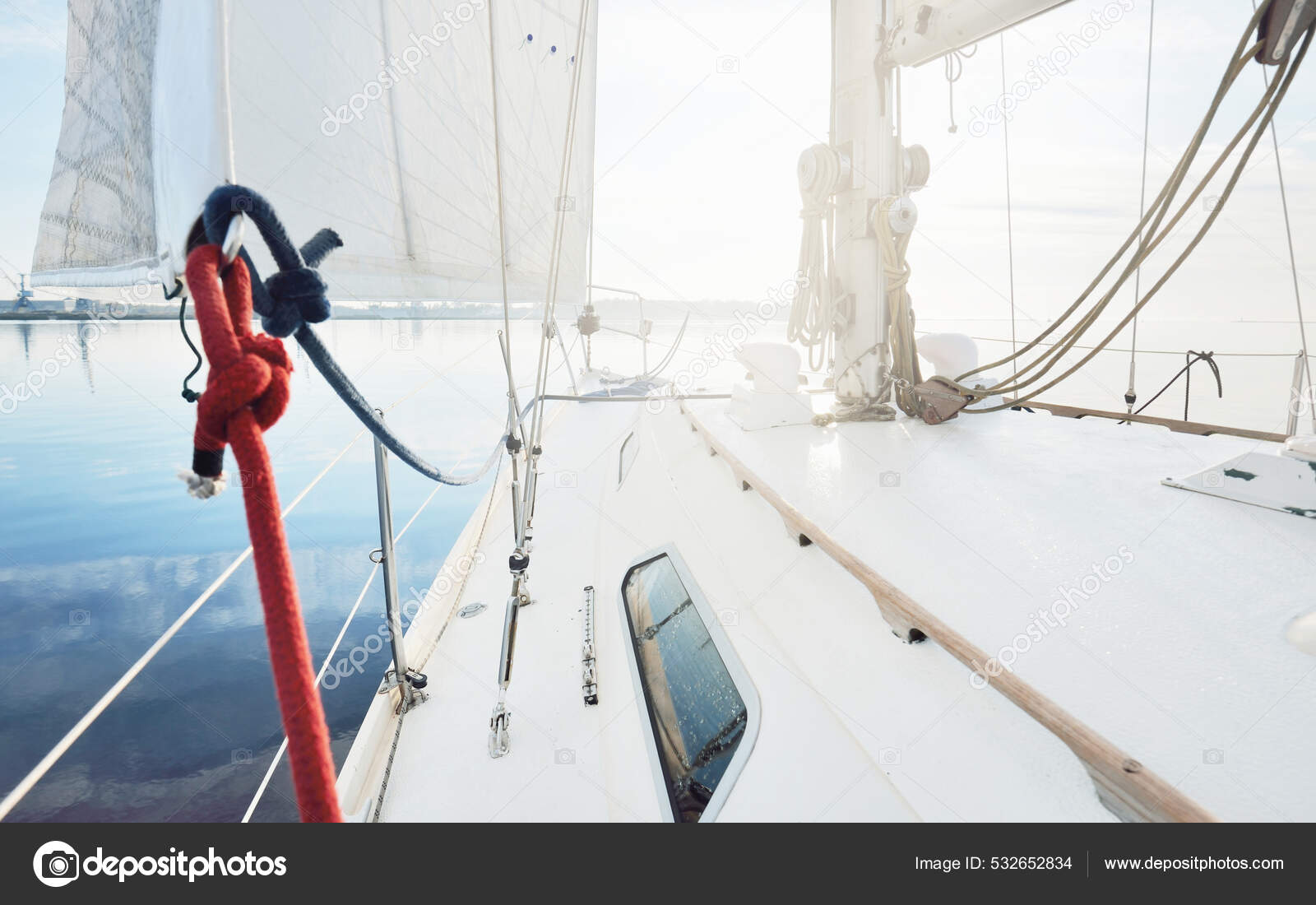 White Yacht Sailing Rain Close View Deck Bow Clear Blue — Stock Photo ...