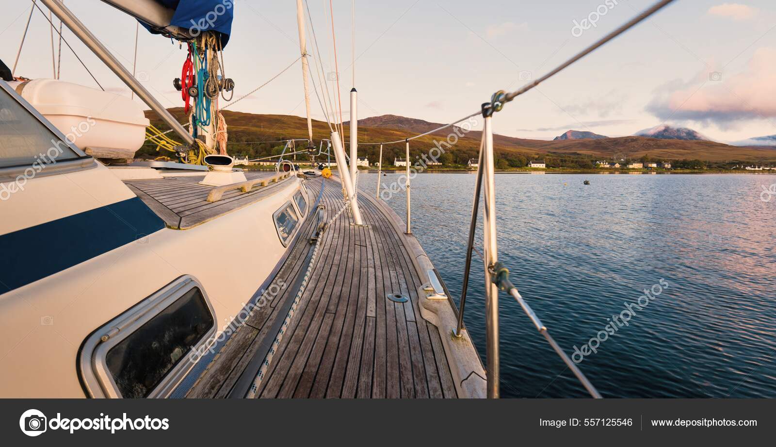 Sloop Rigged Modern Yacht Wooden Teak Deck Sailing Rocky Shore Stock ...